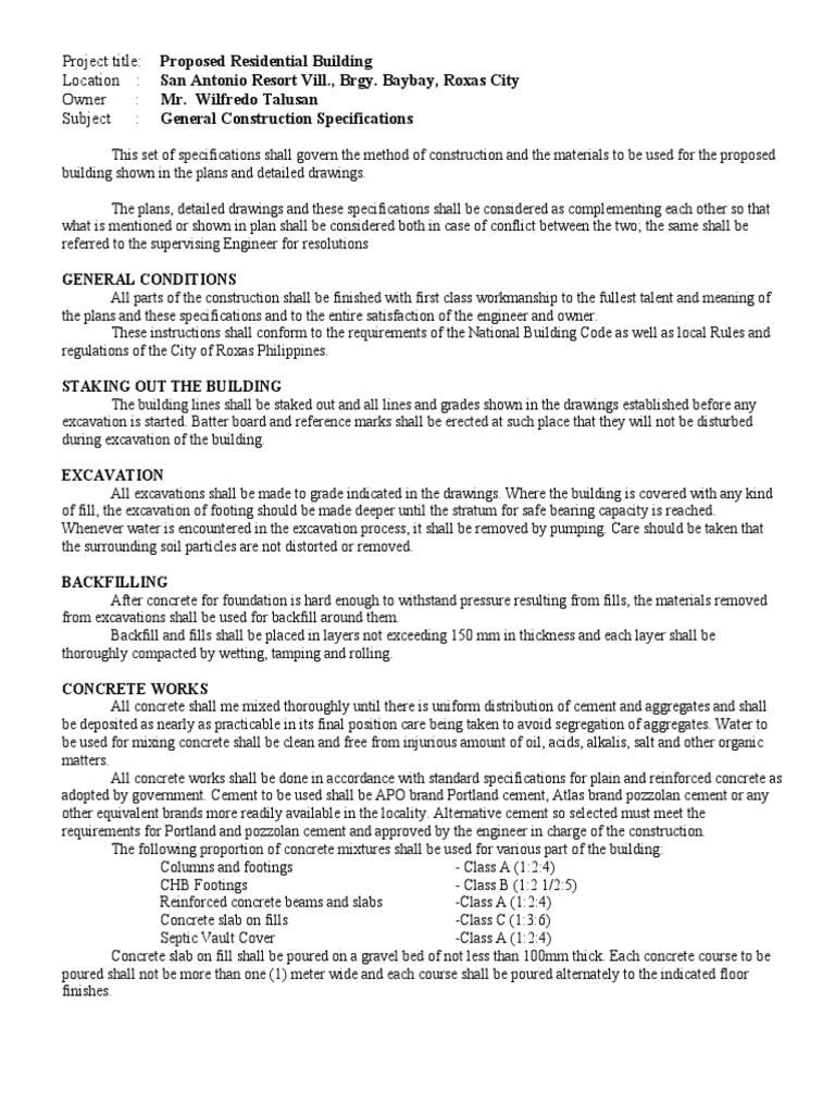 Proposed Residential Building Specs | PDF | Concrete | Cement