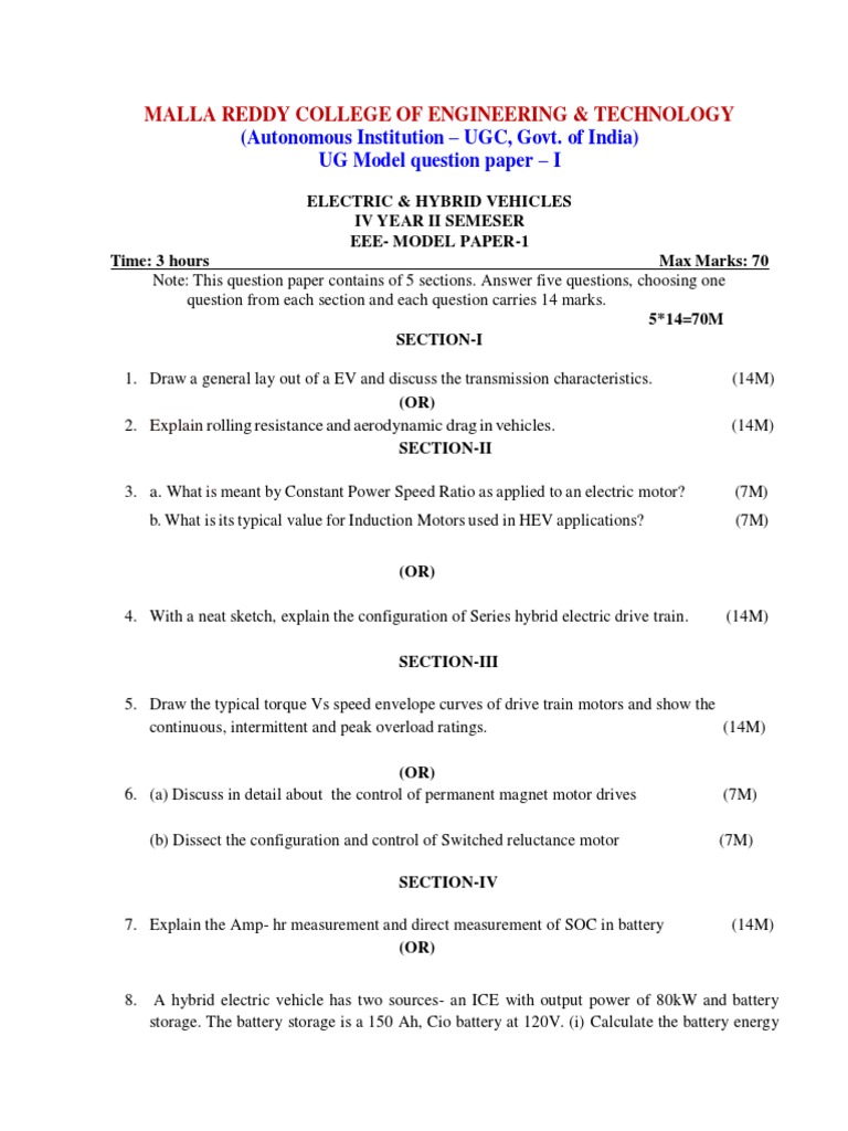 MRCET UG Model Question Papers on Electric & Hybrid Vehicles | PDF ...