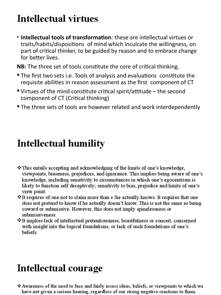 Intellectual Virtues, Obstacles, Levels of Thinking | PDF | Critical ...