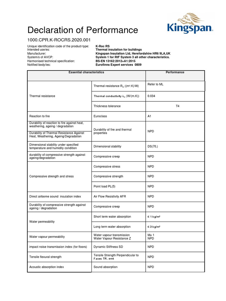 Declaration of Performance K-Roc UK | PDF | Building Insulation ...