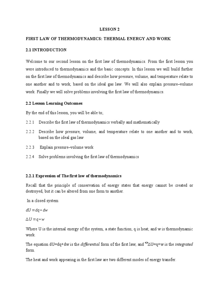 Lesson 2 First Law of Thermodynamics: Thermal Energy and Work | PDF ...