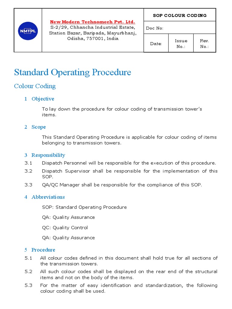 Standard Operating Procedure Colour Coding Pdf