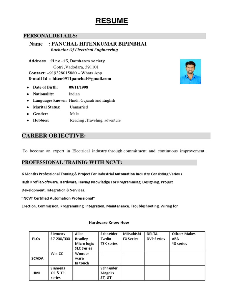 Hiten Panchal Resume With NCVT1 | PDF | Programmable Logic Controller | Scada