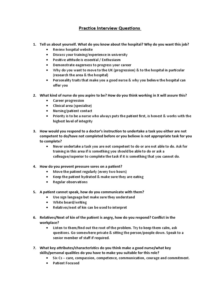 Practice Interview Questions | PDF | Nursing | Compassion