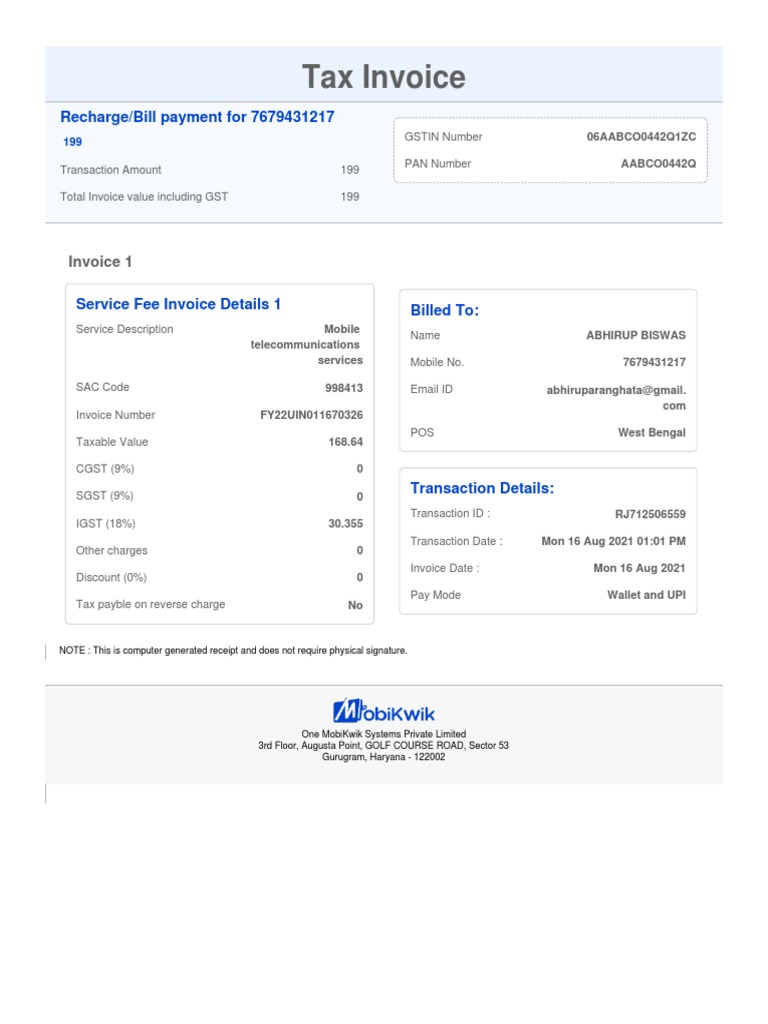 Tax Invoice: Recharge/Bill Payment For 7679431217 | PDF | Invoice ...