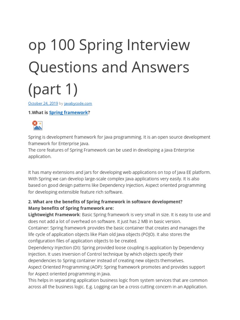 Op 100 Spring Interview Questions and Answers (Part 1) | PDF | Spring Framework | Method ...