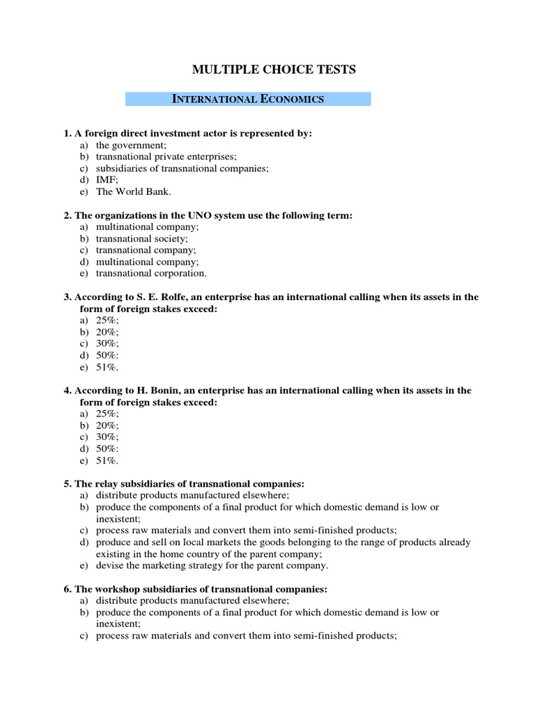 International Economics Multiple Choice | PDF | Internationalization ...