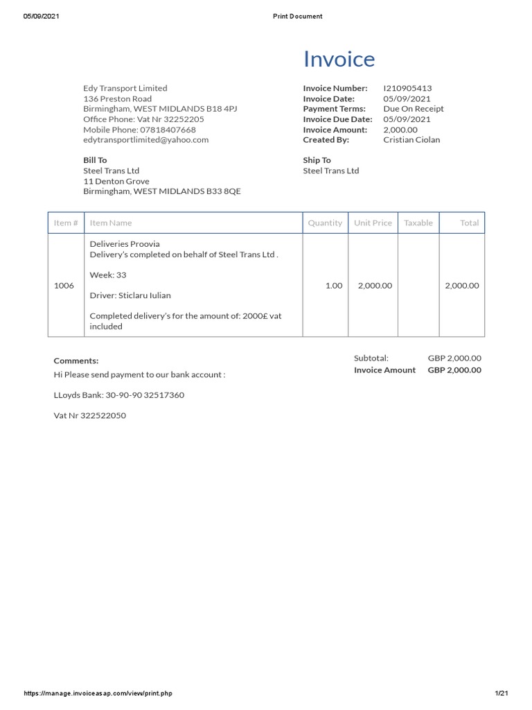 Invoice for Delivery Services Provided by Edy Transport Limited to ...