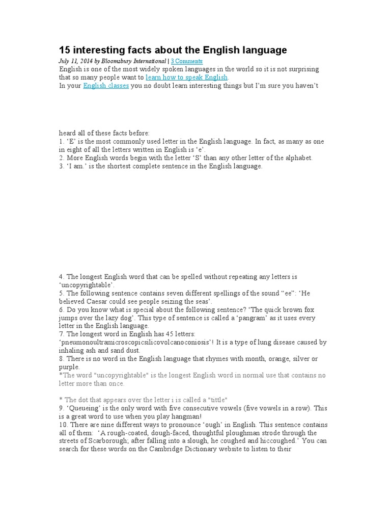 15 Interesting Facts About The English Language | PDF | English ...