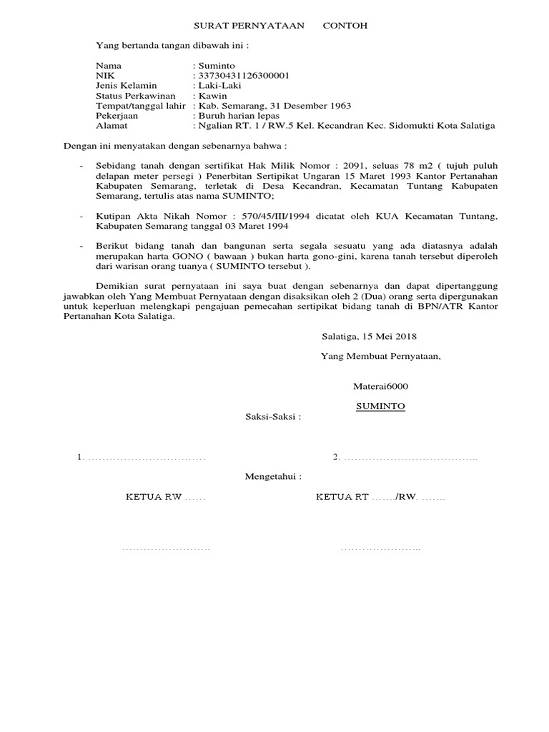 Contoh Umum Surat Pernyataan Gono Gini Atau Gono Atau Gini | PDF