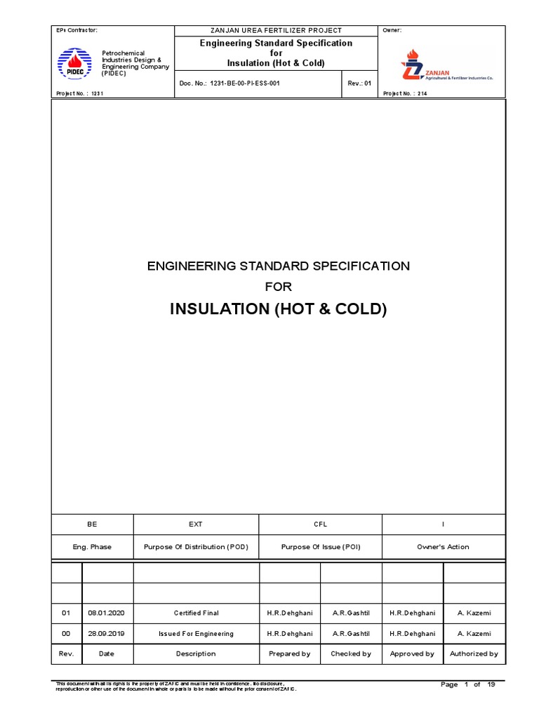 Insulation (Hot & Cold) : Engineering Standard Specification FOR | PDF ...