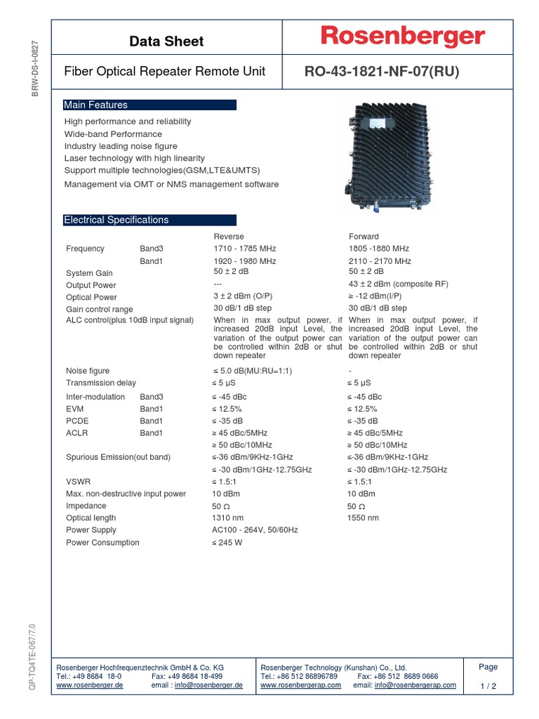 Data Sheet: Fiber Optical Repeater Remote Unit | PDF | Decibel ...