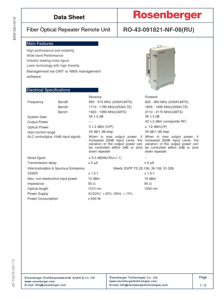 Data Sheet: Fiber Optical Repeater Remote Unit | PDF | Decibel | Gsm