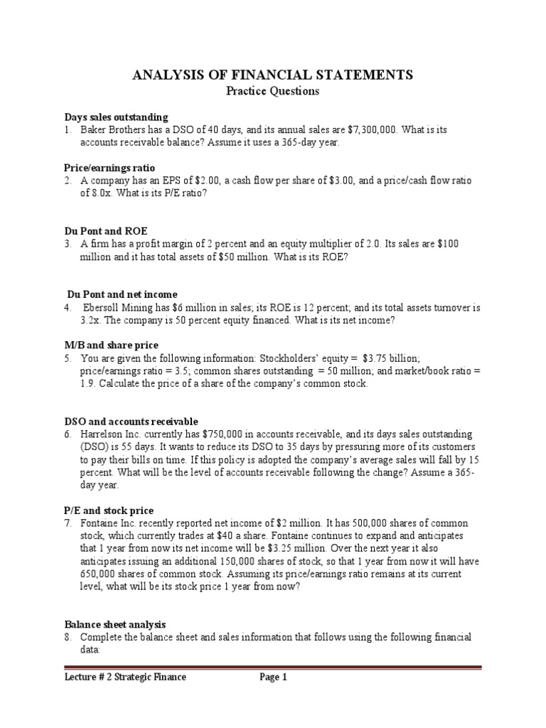 Analysis of Financial Statements - Practice Quesitons | PDF | Balance ...