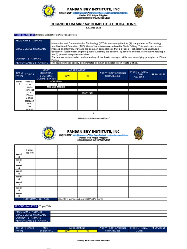 Curriculum Map For Computer Education 9: Pandan Bay Institute, Inc ...