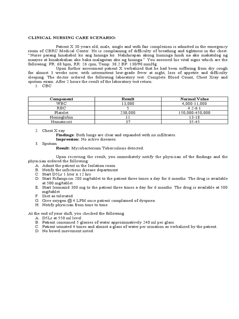 Clinical Nursing Care Scenario | PDF | Clinical Medicine | Health Sciences