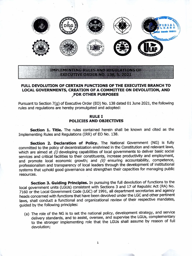 Implementing Rules and Regulations EO No. 138 | PDF | Capacity Building | Devolution