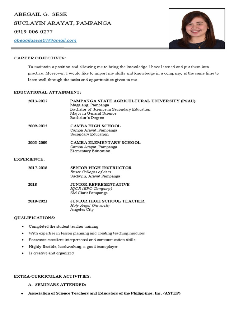 Abegail Sese Curriculum Vitae | PDF | Teachers | Learning