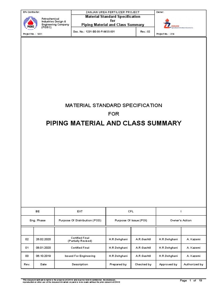 Piping Material and Class Summary: Material Standard Specification FOR ...