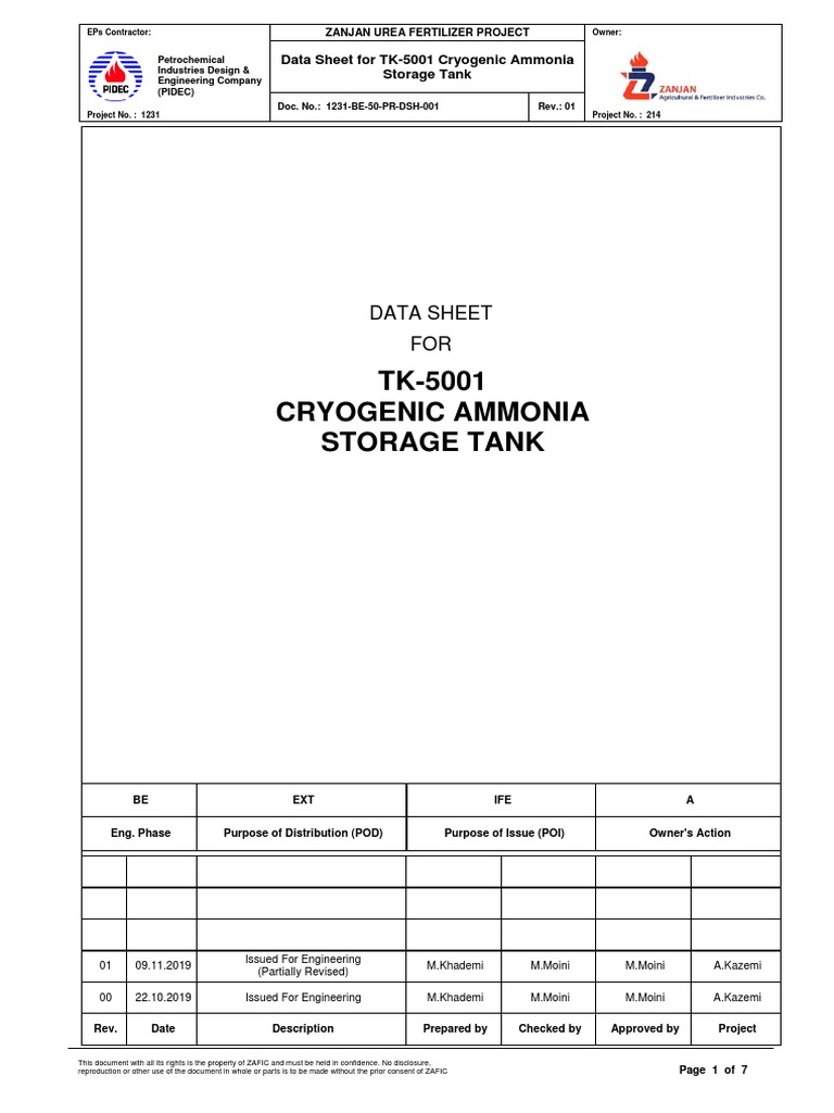 Data Sheet For TK-5001 Cryogenic Ammonia Storage Tank | PDF | Building ...