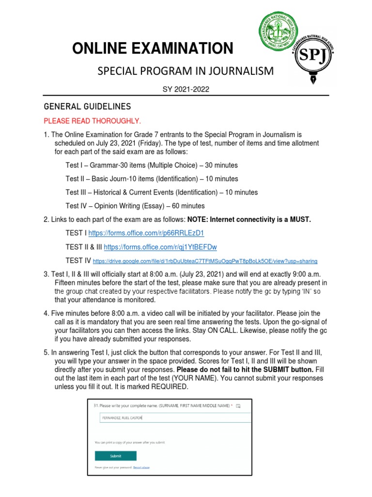 Guidelines - SPJ Online Examination Sy2021-2022 | PDF | Test ...