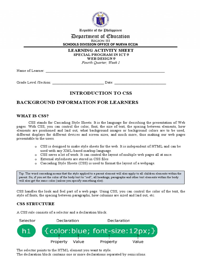 Week 1 Introduction To CSS | Download Free PDF | Html Element | Html