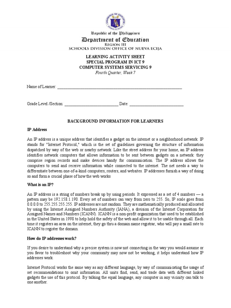 Learning Activity Sheet Special Program in Ict 9 Computer Systems Servicing 9 | PDF | Ip Address ...