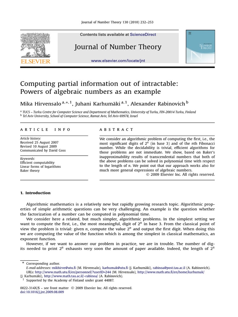 Journal of Number Theory: Mika Hirvensalo, Juhani Karhumäki, Alexander ...