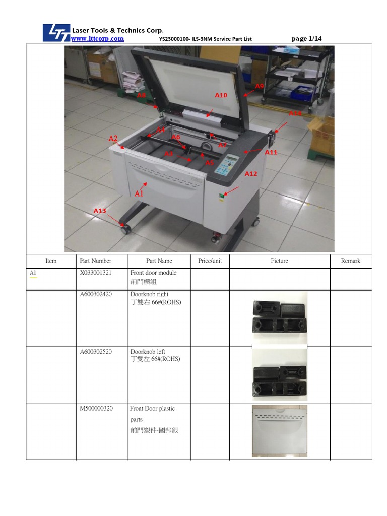 Laser Tools & Technics Corp. YS23000100- ILS-3NM Service Part List: A ...