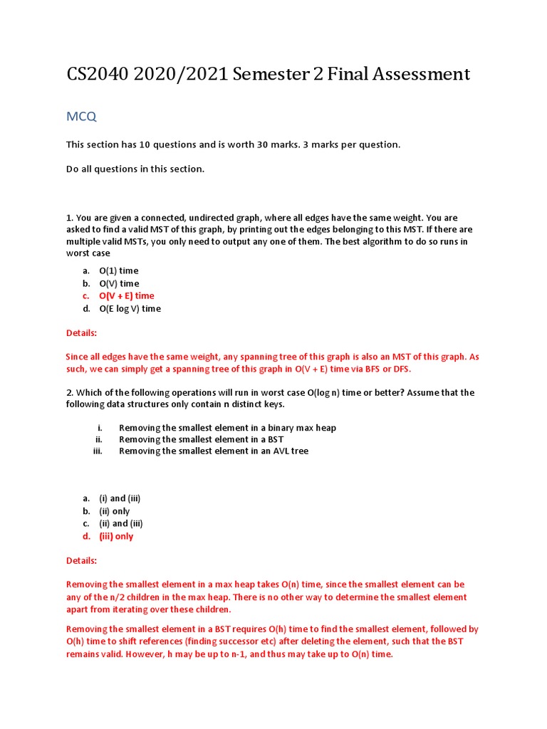 CS2040 2020 2021 Sem2 Final Assessment With Ans and GradingScheme | PDF ...