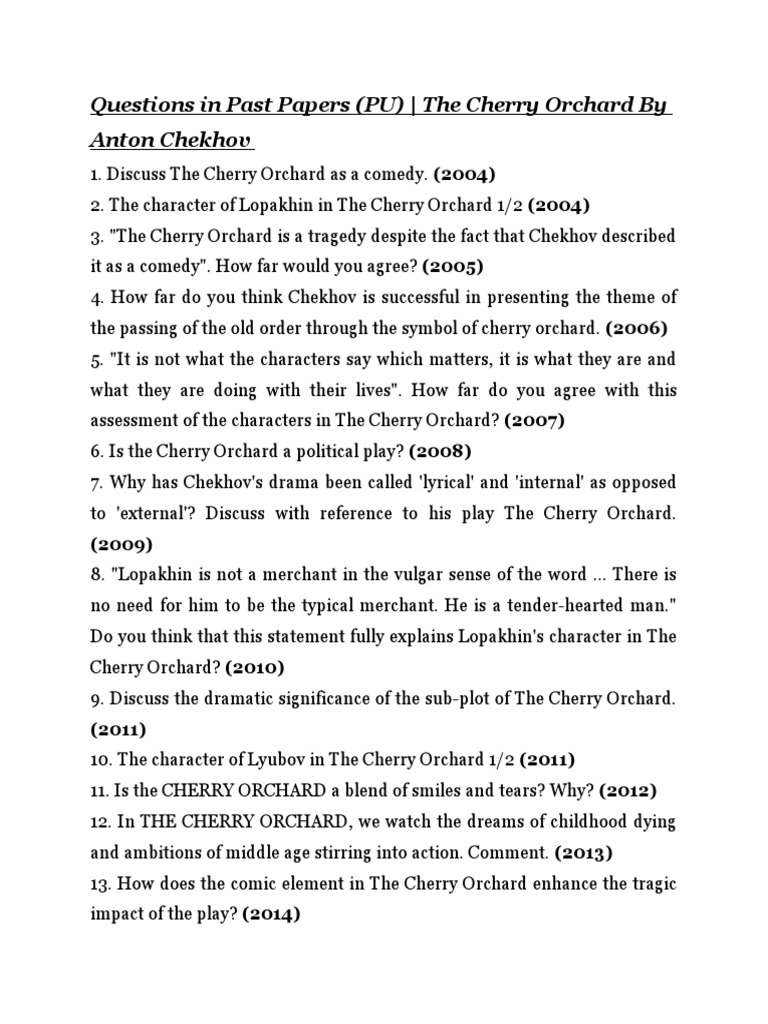The Cherry Orchard Exam Questions | PDF | Anton Chekhov