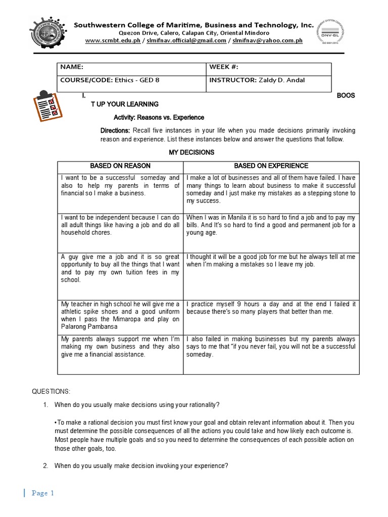 Ethics - Lesson 2 Activity.. | PDF | Decision Making | Reason