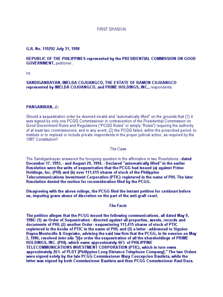 PCGG v Sandiganbayan: Validity of Sequestration Orders | PDF ...