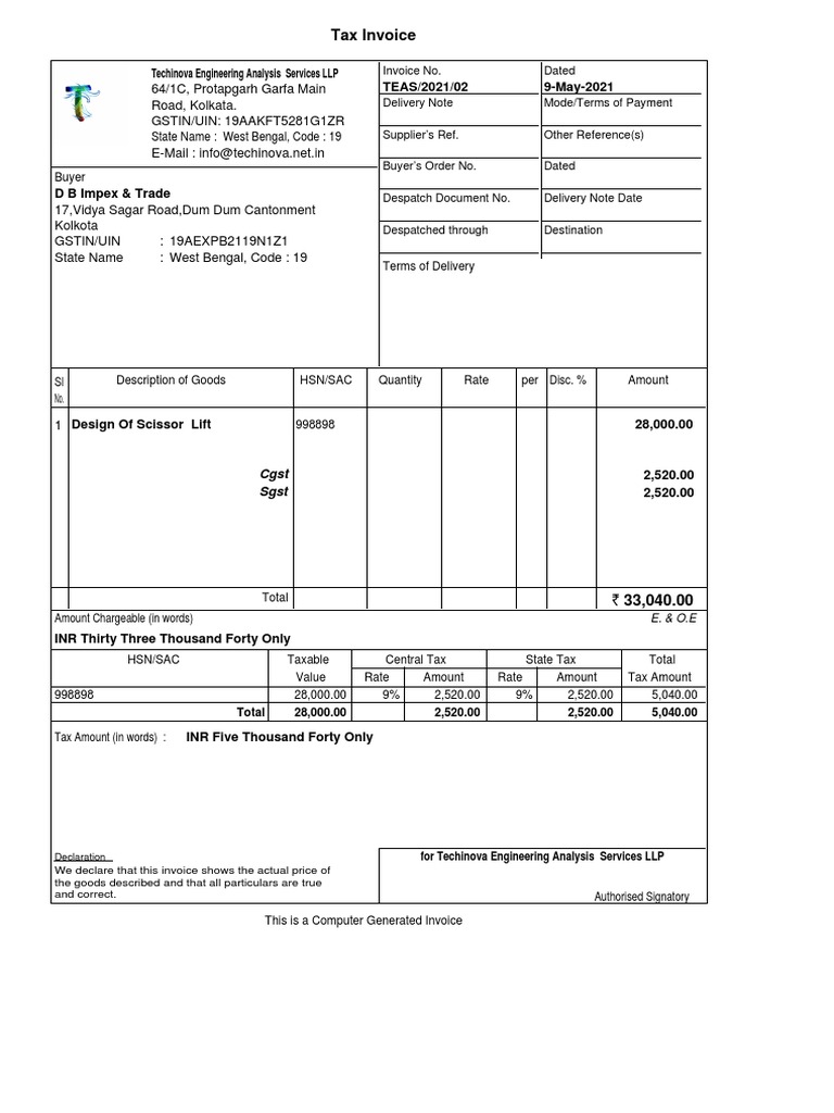 Design and Engineering Services Invoice for Scissor Lift Design Project ...