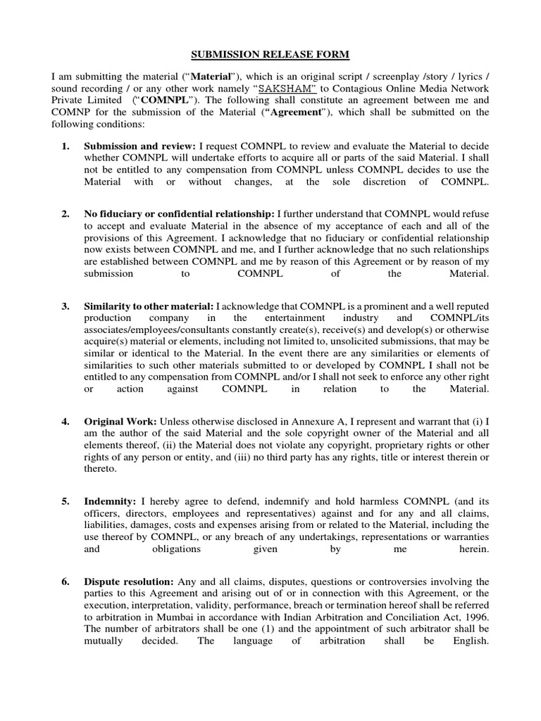 Script Submission Form TVF | PDF | Indemnity | Justice