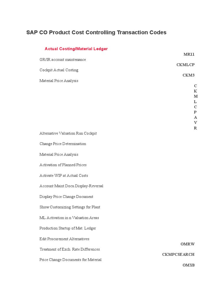 SAP CO Product Cost Controlling Transaction Codes | PDF | Valuation ...