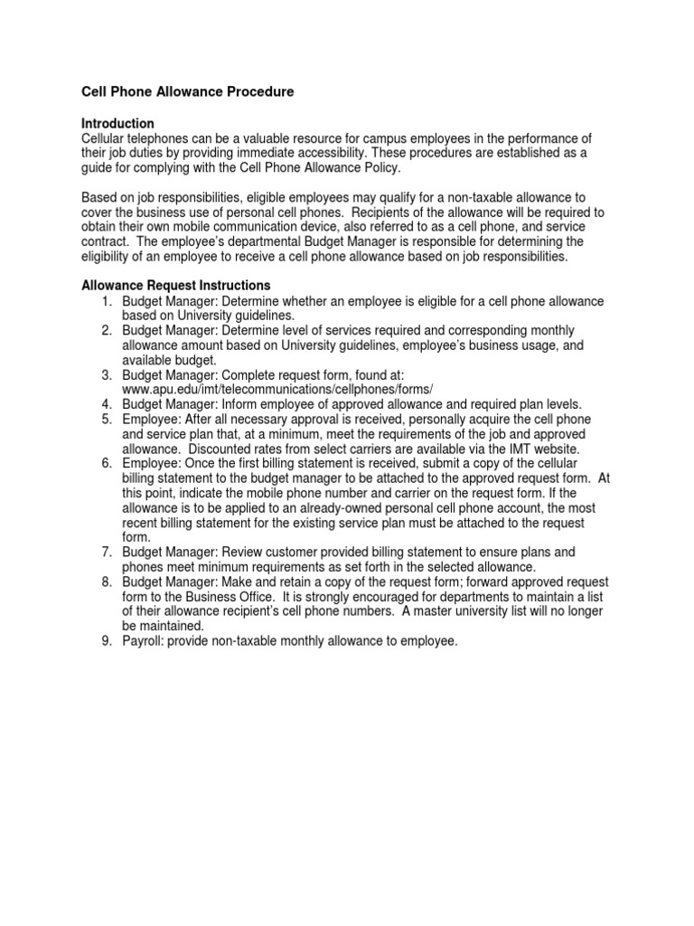 Cell Phone Allowance Procedure | PDF | Mobile Phones | Personal Digital ...