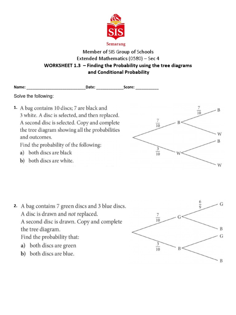 Worksheet 1.3 - Finding The Probability Using The Tree Diagram and ...