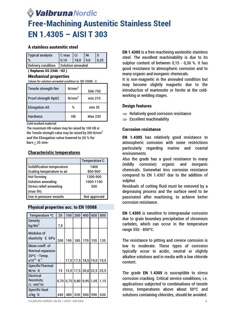 En 1 4305 - 1408 Valbruna Nordic English | PDF | Stainless Steel | Steel