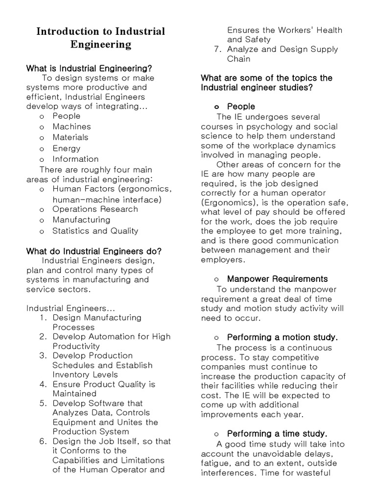 Overview of Industrial Engineering Roles | PDF | Industrial Engineering ...