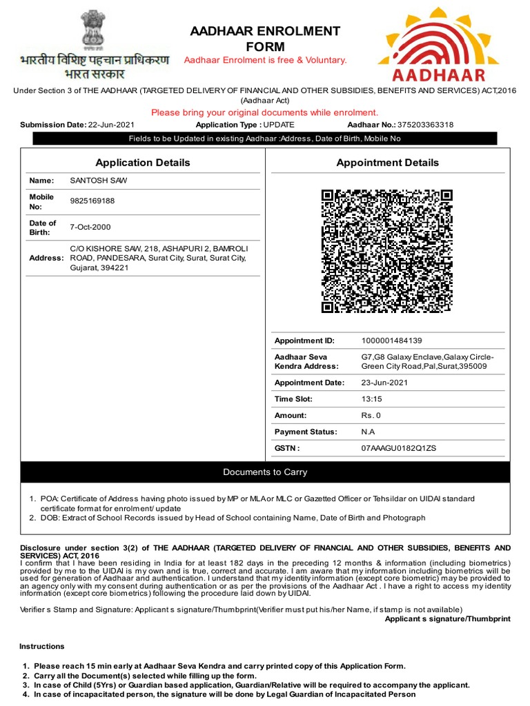 Aadhaar Enrolment Form: Application Details Appointment Details | PDF ...