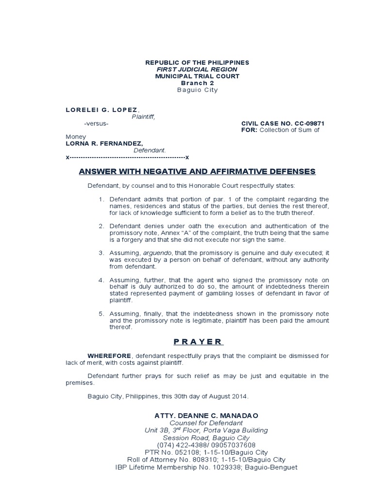 Answer With Negative and Affirmative Defenses | PDF | Affidavit | Lawsuit