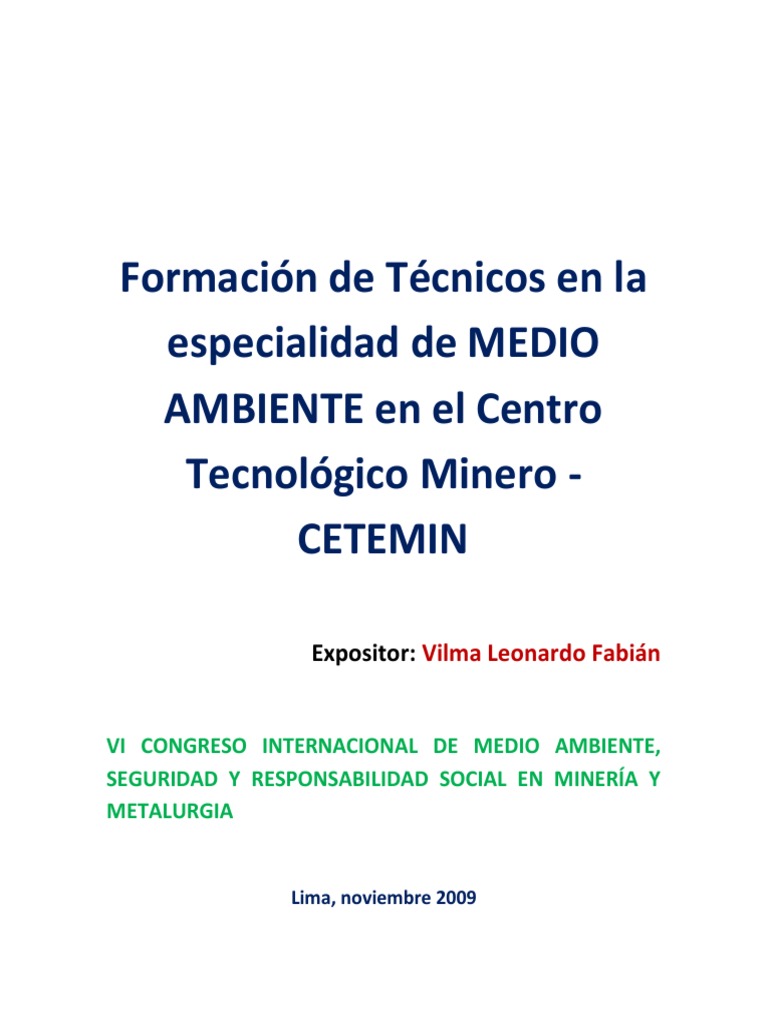 m29. Formación de Técnicos en La Especialidad de Medio Ambiente en El Centro Tecnológico Minero ...