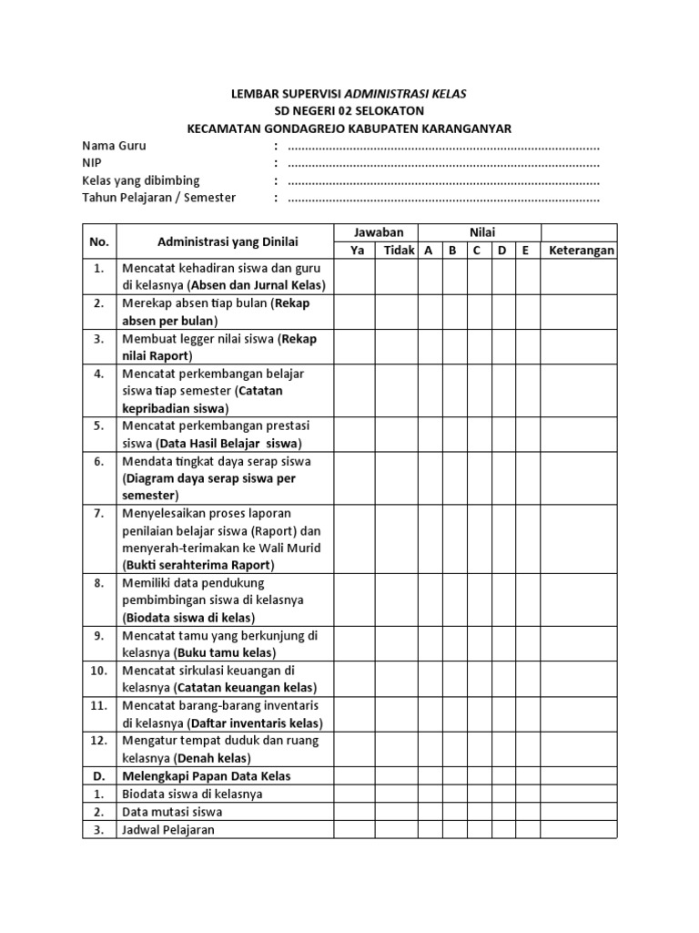 Lembar Supervisi Administrasi Kelas | PDF