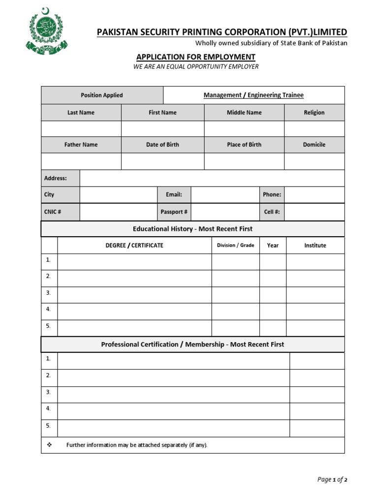 Pakistan Security Printing Corporation (PVT.) Limited: Application For ...
