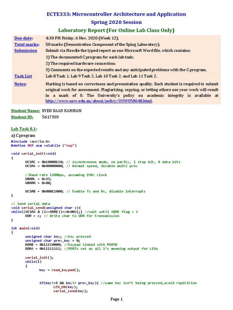 Laboratory Report (For Online Lab Class Only) : ECTE333: Microcontroller Architecture and ...