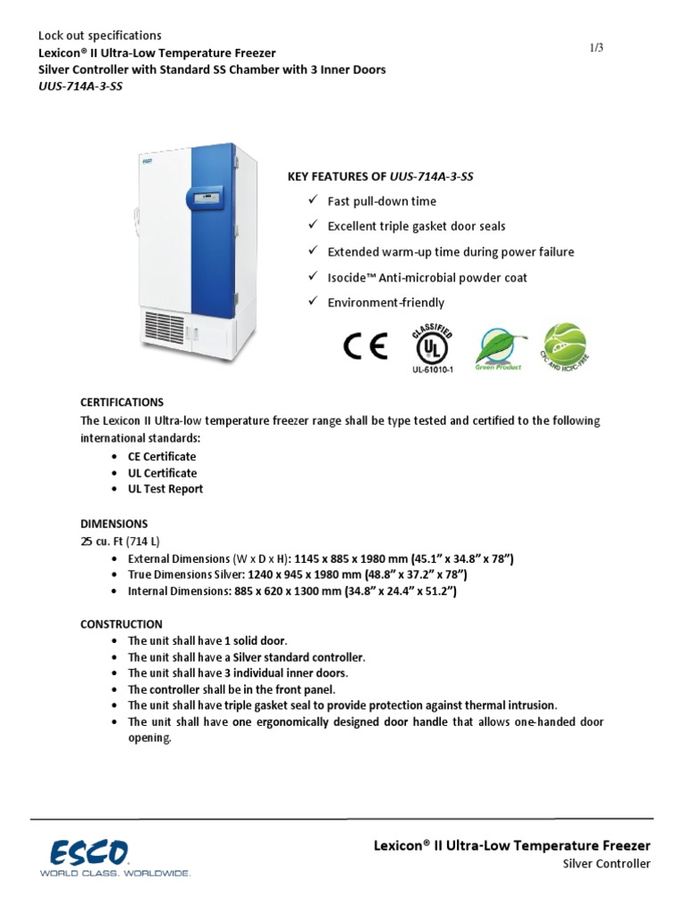 Esco Lexicon® II ULT Freezer - UUS - 714A - 3 - SS - Lock Out Specs - v ...