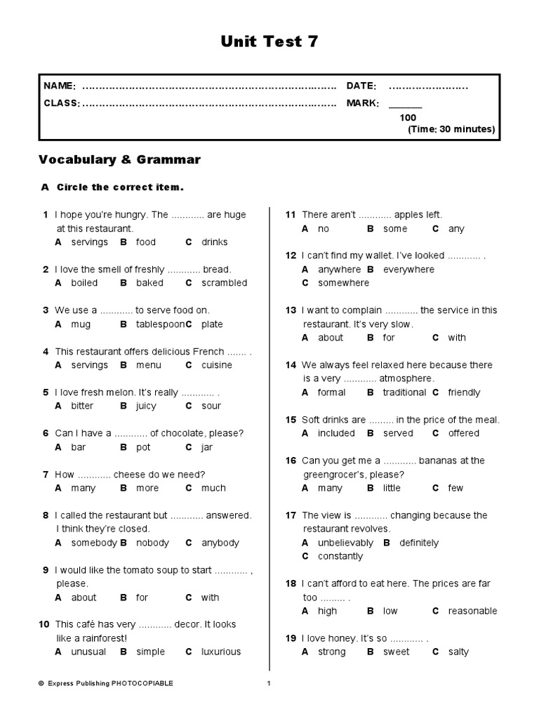 Upstream Pre B1 Unit Test 7 | PDF | Foods | Food And Drink