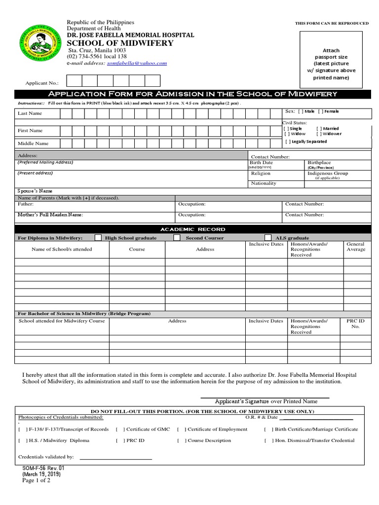 Application Form For Admission in The School of Midwifery | PDF