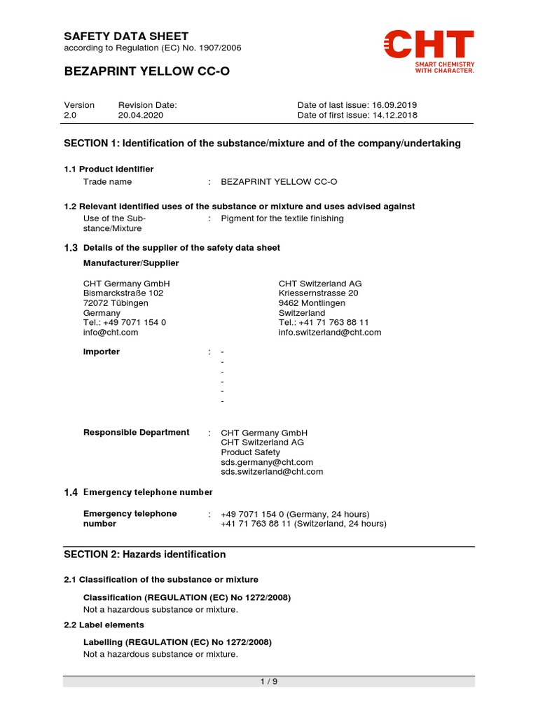 Msds Bezaprint Yellow Cc-O | PDF | Dangerous Goods | Toxicity